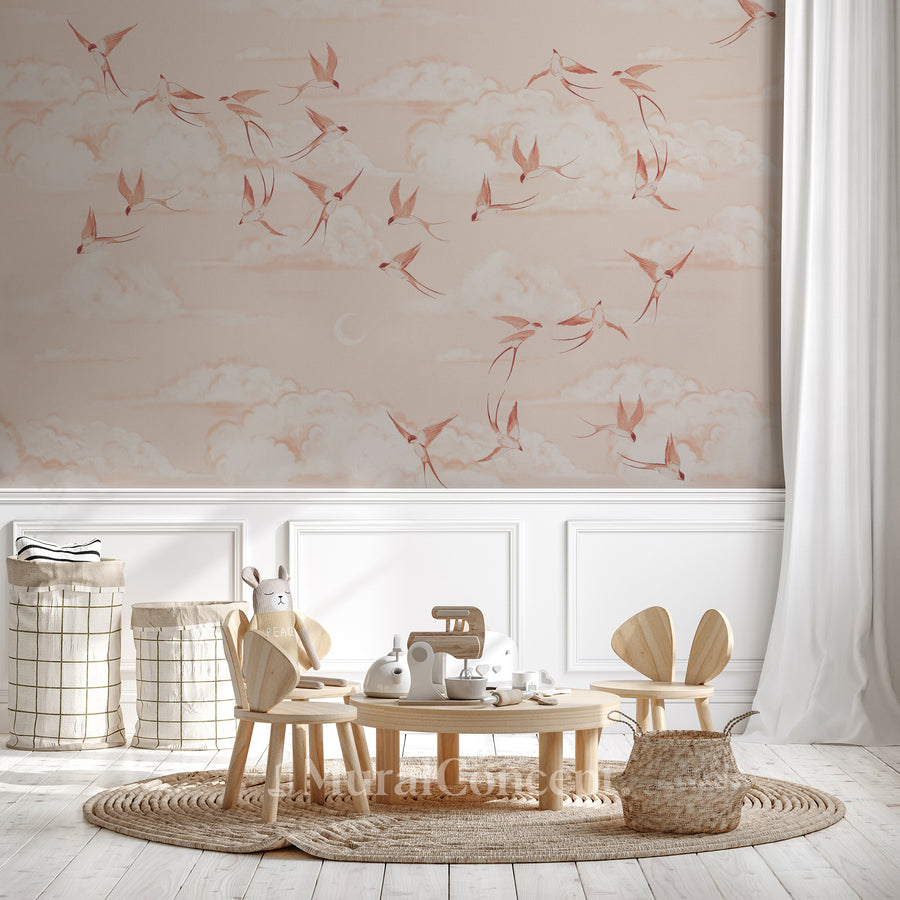 Papier peint nuage poétique oiseau