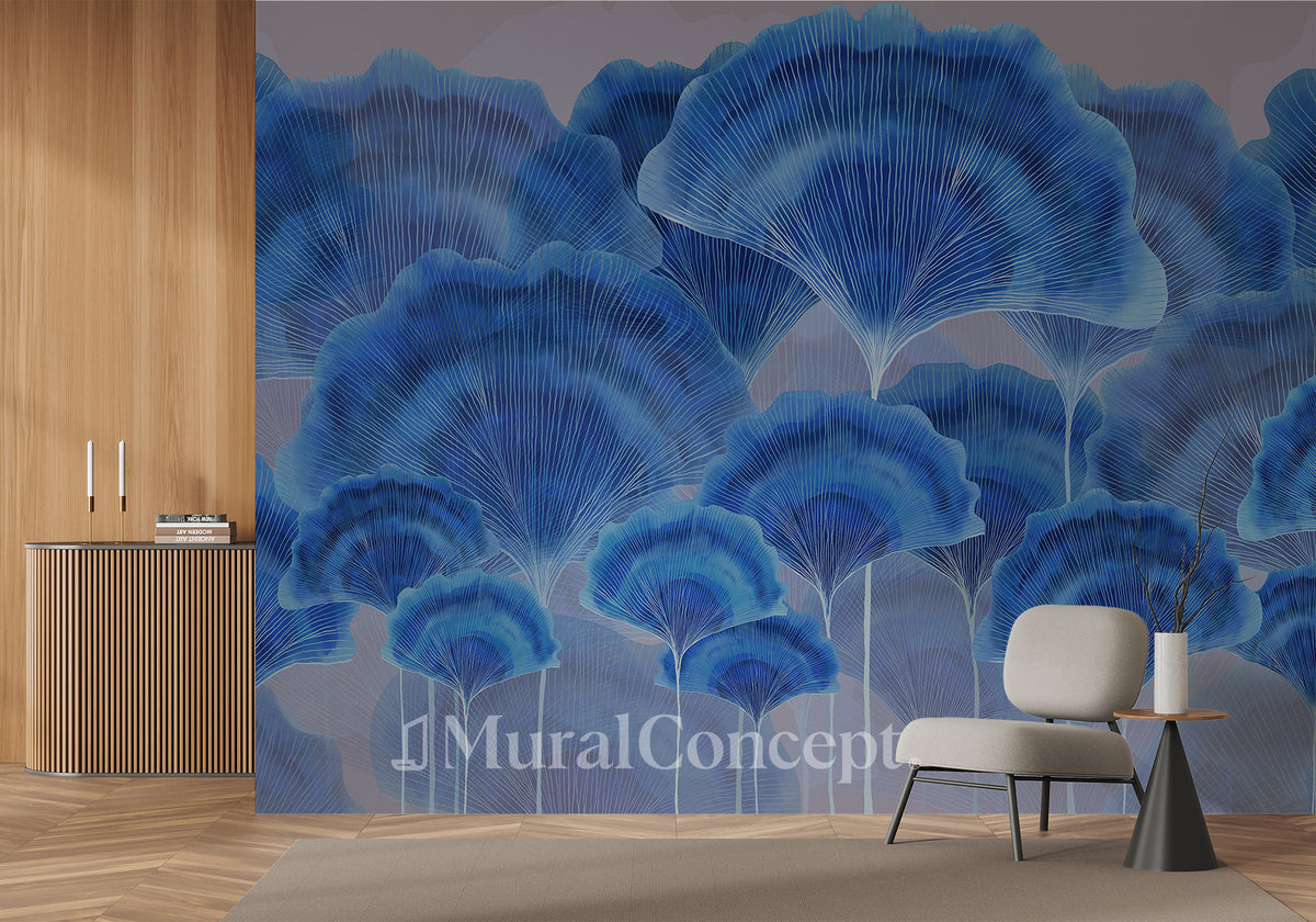 Papier peint contemporain ginkgo zen bleu - Muralconcept