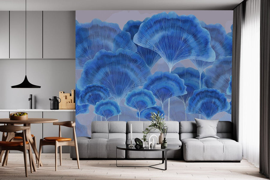 Papier peint contemporain ginkgo zen bleu - Muralconcept