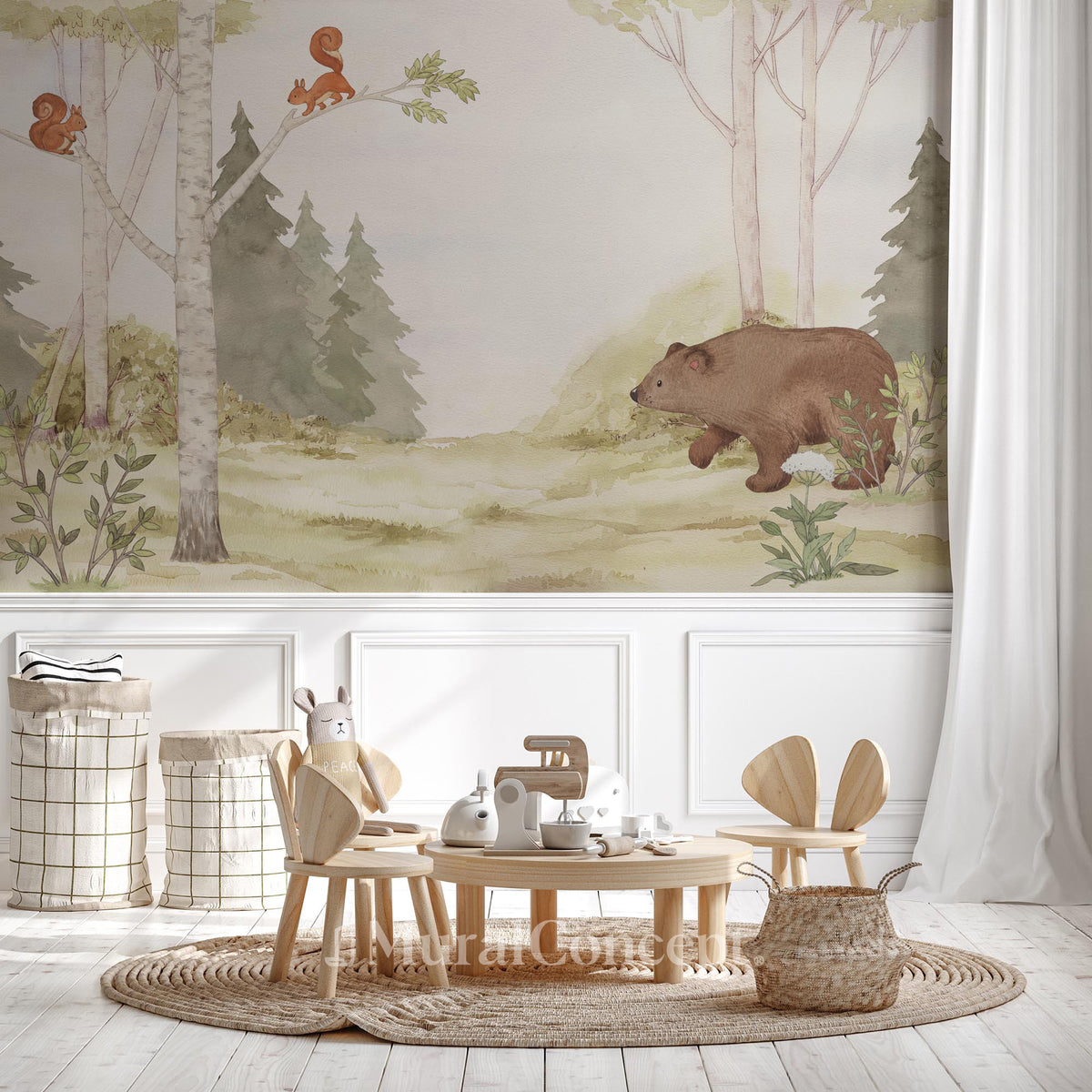 Papier peint enfant tendre ours dans la forêt - Muralconcept